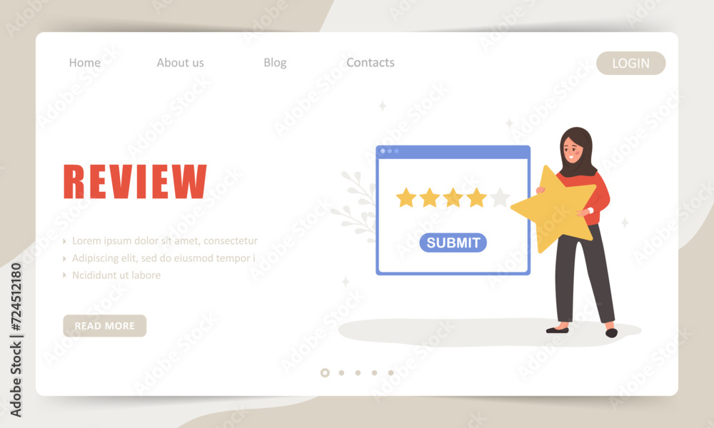 Image vectorielle Stock Customer review. Landing page template. Arab woman giving five stars ...