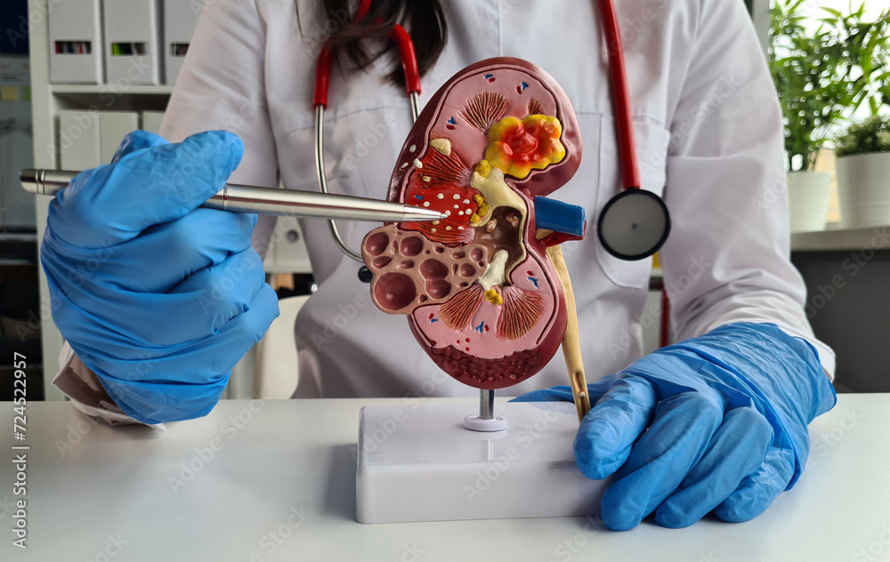 Doctor explaining kidney anatomy to patient with model during ...