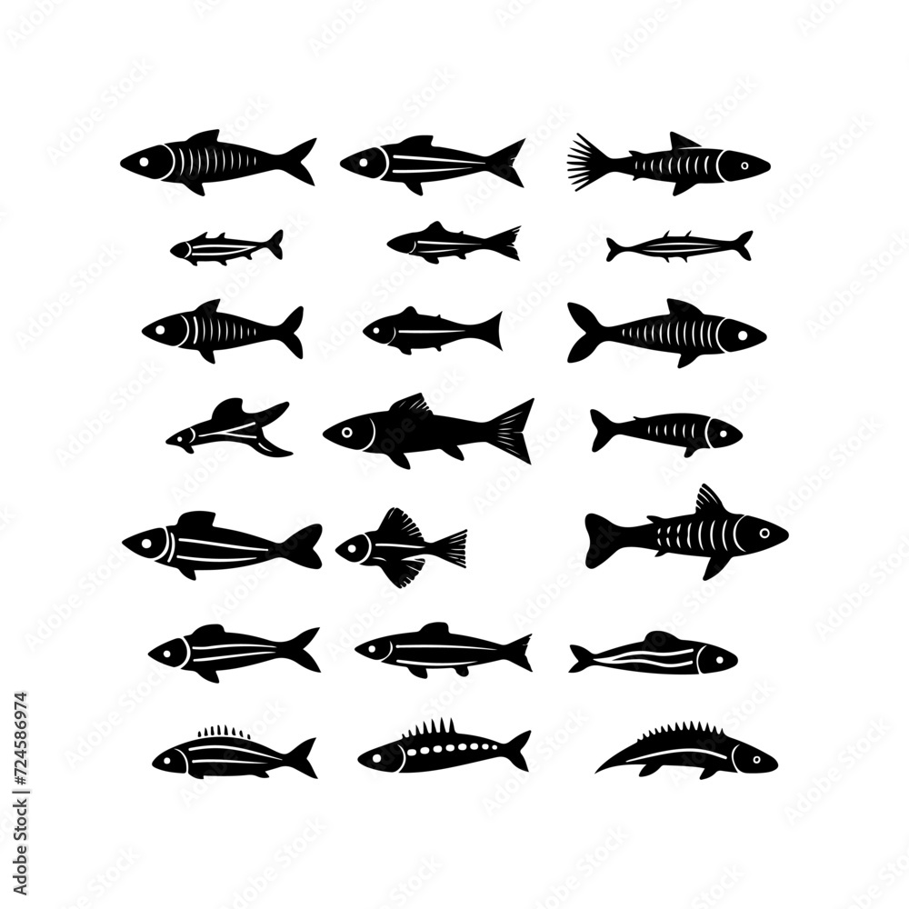 Fishbone black silhouette. Different types of fish bone clip art ...