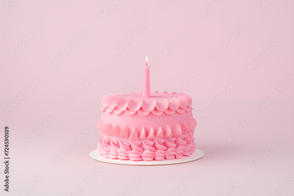 Pink birthday cake with one candle on minimal pink background. 3d ...