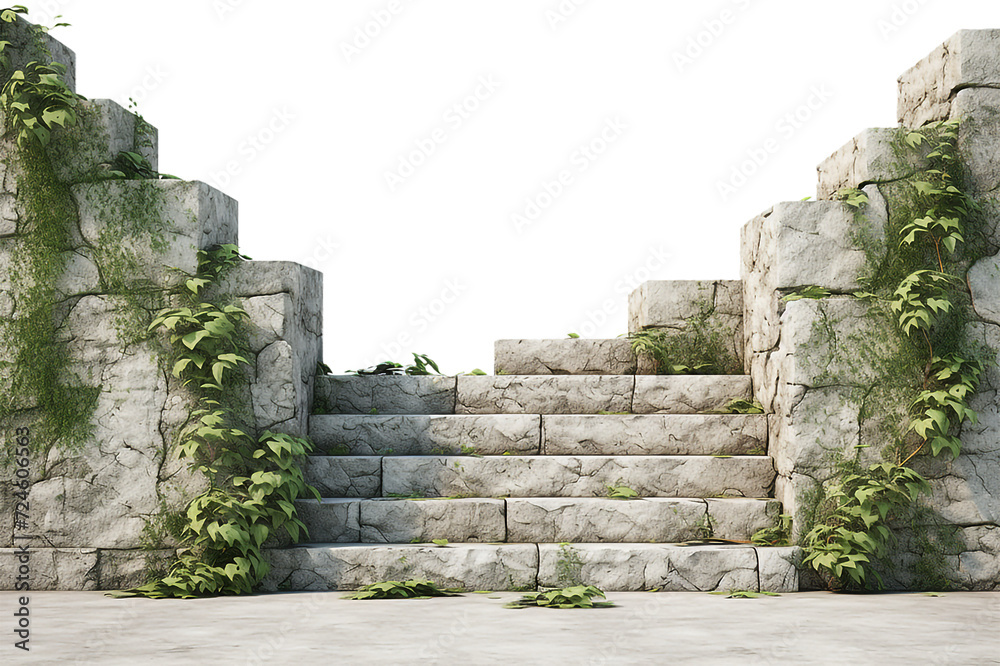 Cutout mossy stone wall and mossy stump surrounded by vegetation in the ...