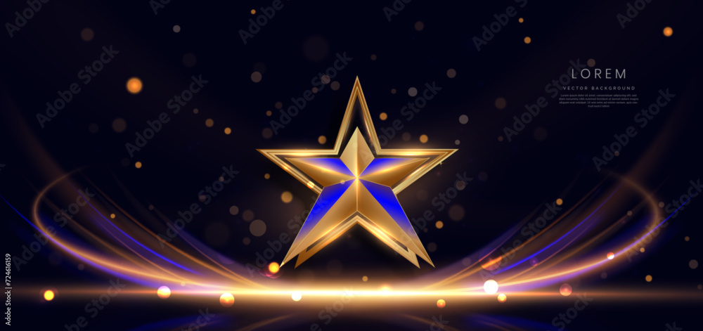 Abstract gold star with light ray on dark blue background with lighting ...