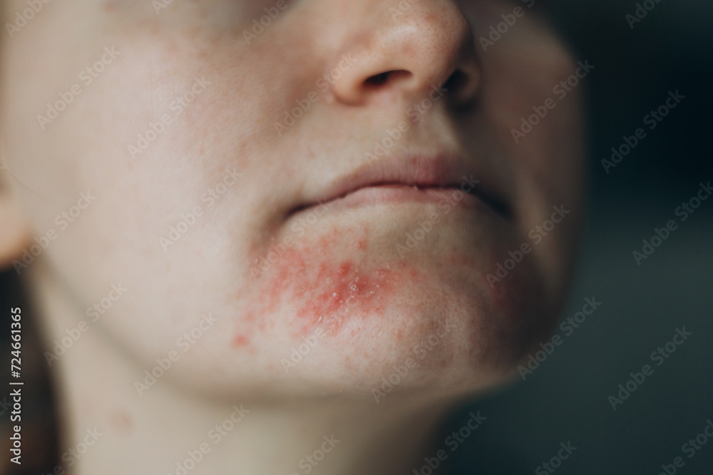 Perioral dermatitis on woman face. Closeup dermatitis on skin, ill ...