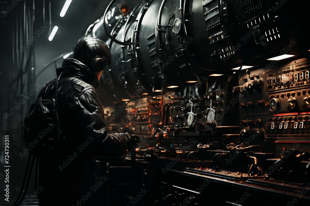 An employee controls the devices in a secret laboratory, technological ...