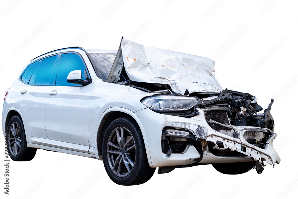 Full body front and side view of white car get damaged by accident on ...