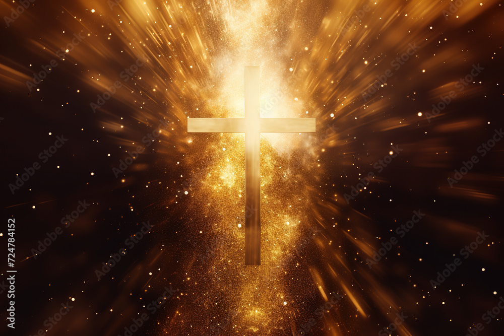 Religious cross in abstract shining gold sparkles and radiant lights ...