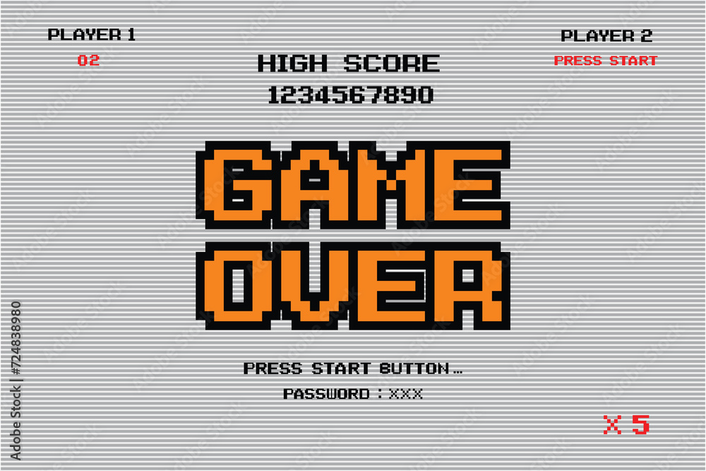 Image vectorielle Stock Game over press start button. pixel art .8 bit ...