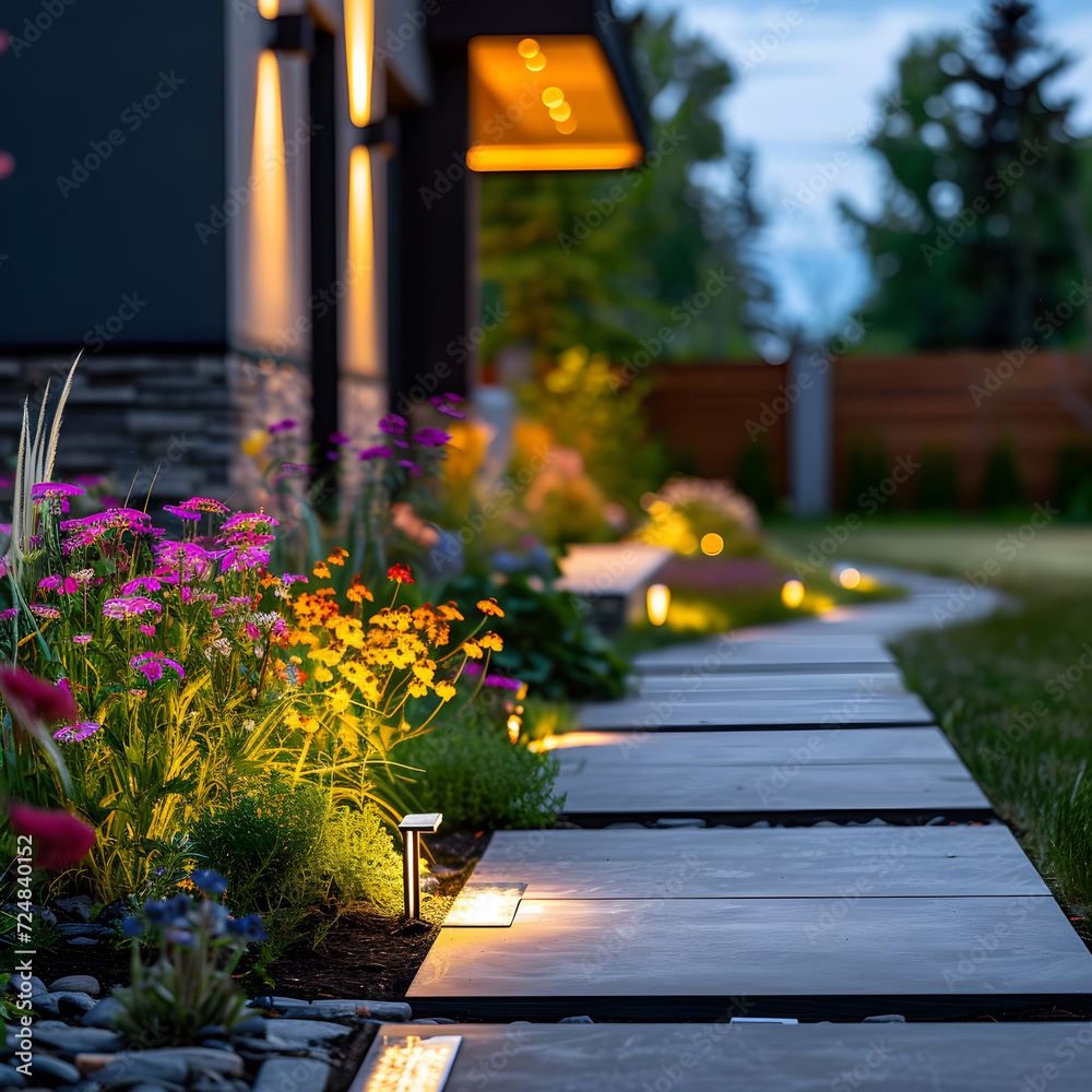 Modern gardening landscaping design details. Illuminated pathway in ...