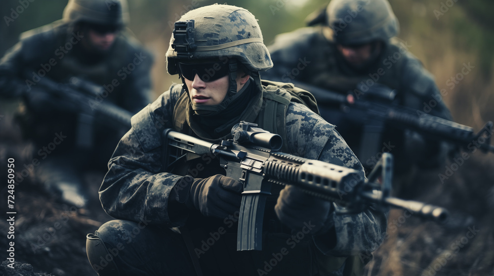 professional soldiers (marines) training with weapons. ready for combat ...