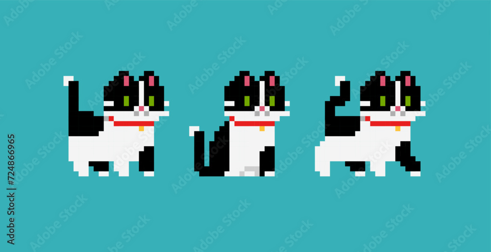 Black and White Cat or Kitten in pixel art - isolated vector. Cute ...