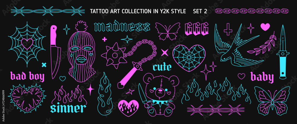 Stock-Vektorgrafik „Y2k neon tee print set 1 in 1999s 2000s style. Y2k ...