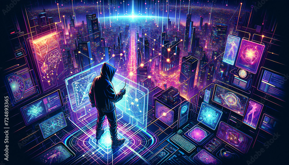 Illustration of a cyberpunk hacker in a virtual space, manipulating a complex network of ...