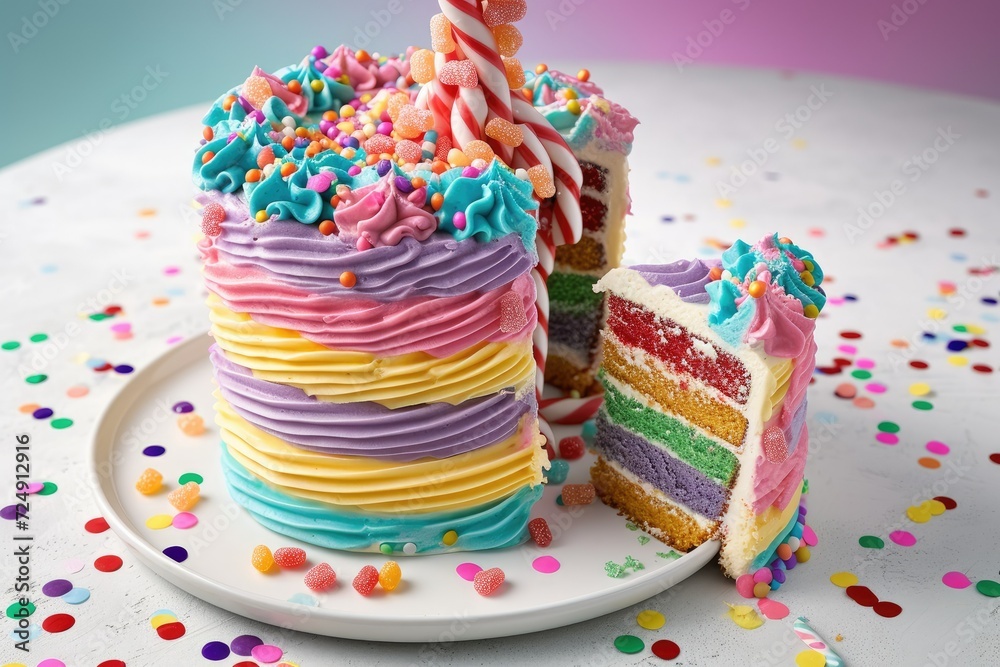 Festive layered colored pinata birthday cake with multi-colored ...