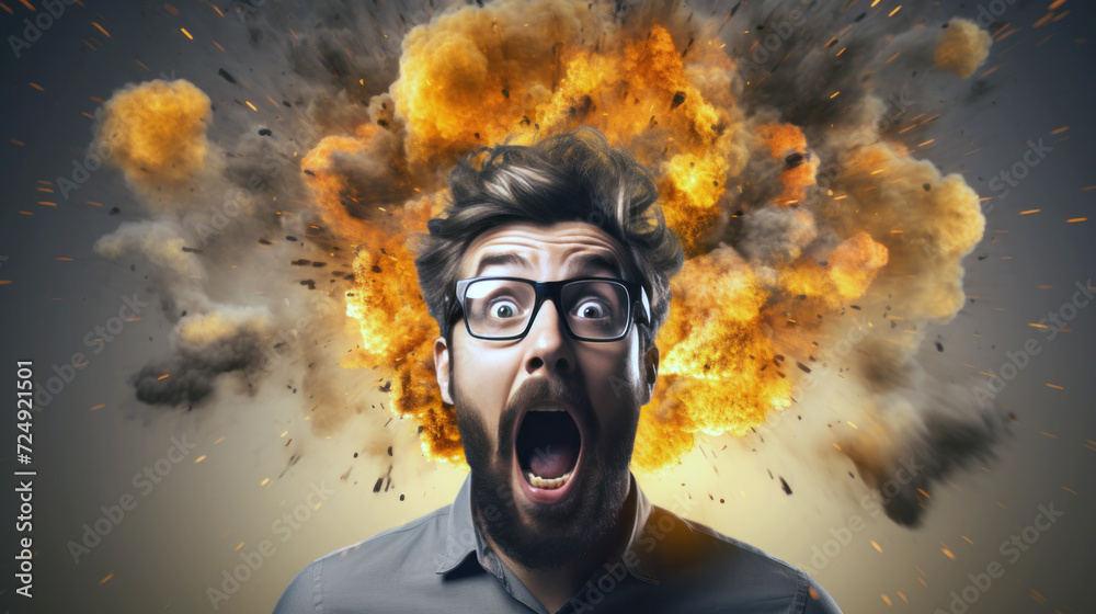 Mind-blowing idea, shocked man in chaos with explosion behind his head ...