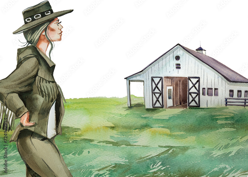 Watercolor hand painted cowgirl on a ranch landscape. Wild West design ...