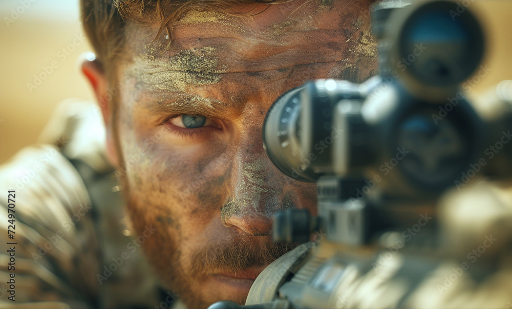 an American sniper with his rifle aimed and an attentive look is hidden ...