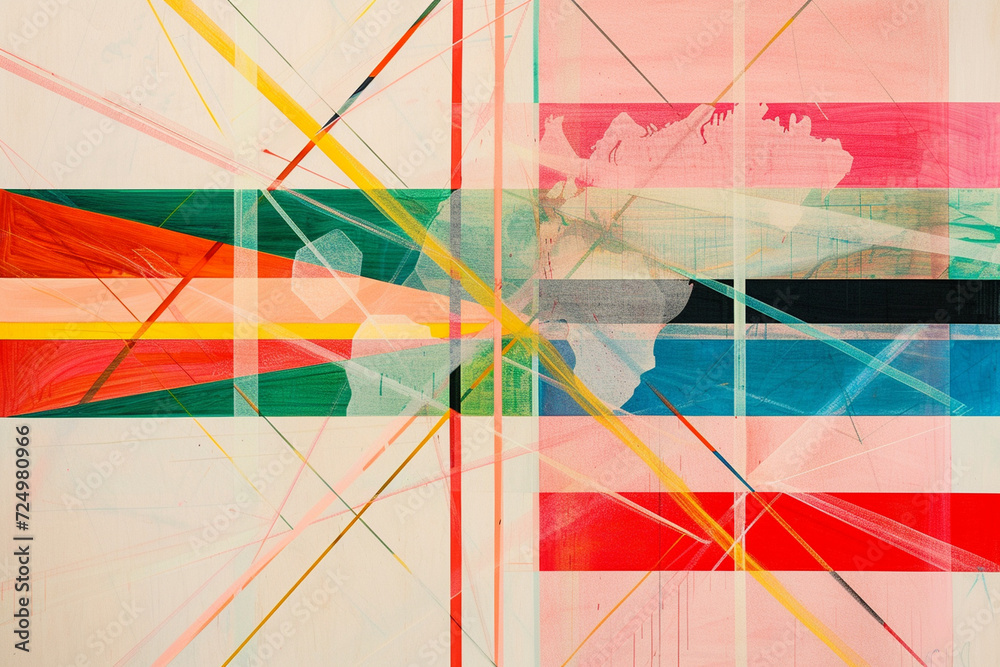 In a minimalist composition, world flags are depicted as vibrant lines ...