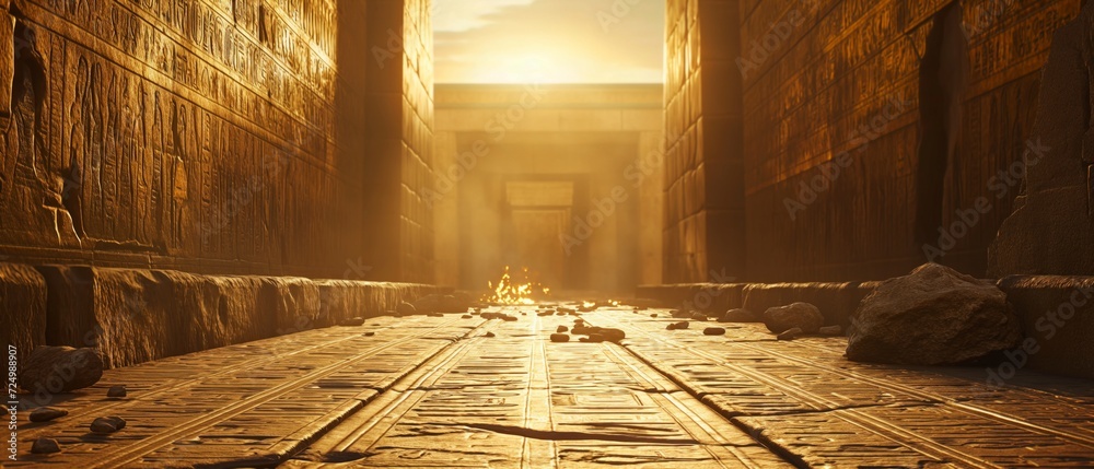 Egyptian tomb passage. Pharaoh grave decorated with hieroglyphs. Dark ...