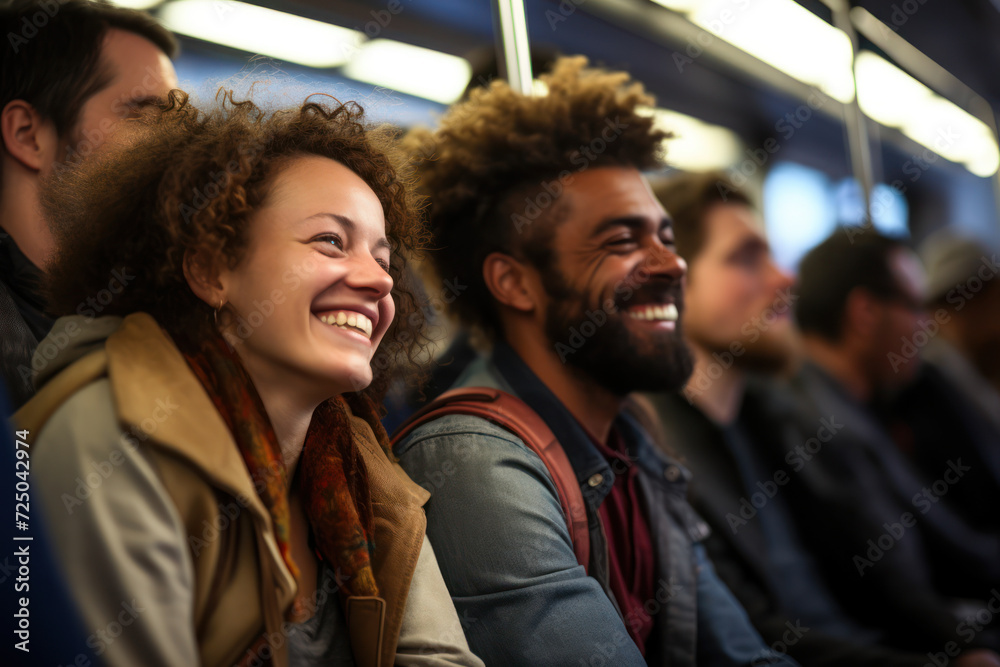 A commuter shares a smile with a fellow passenger on a crowded train ...