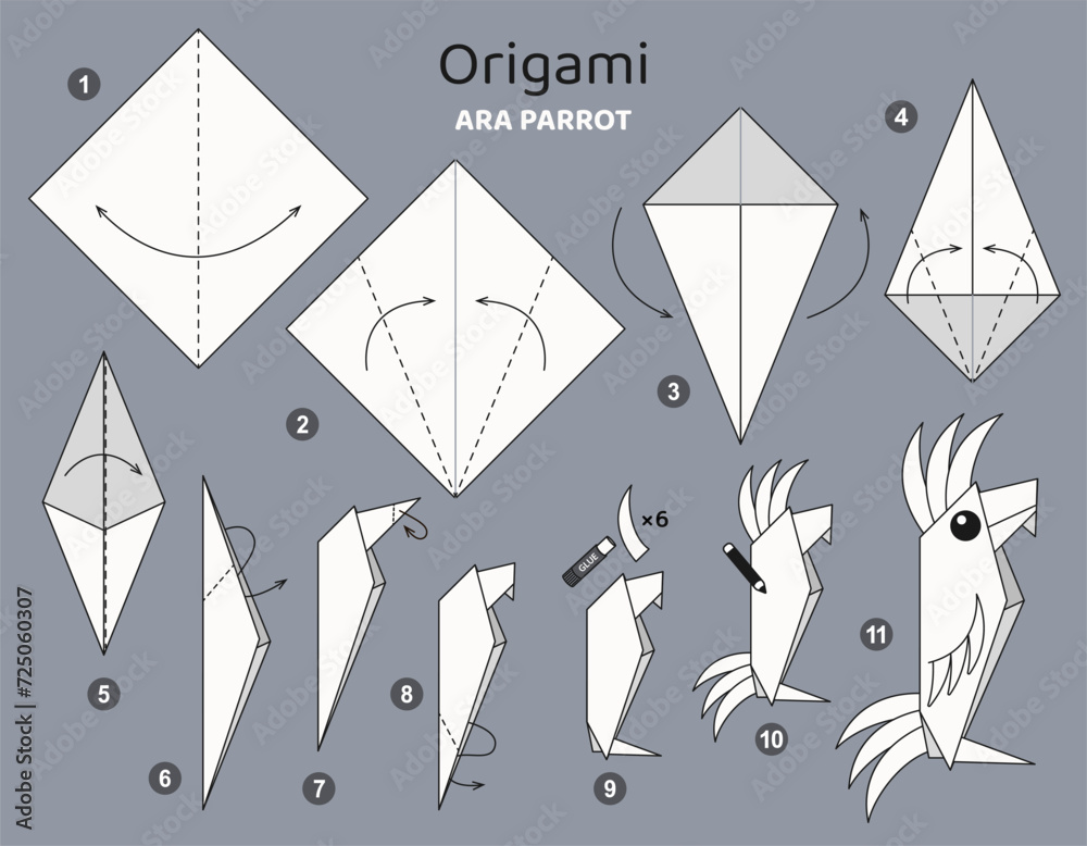 Macaw parrot origami scheme tutorial moving model. Origami for kids ...
