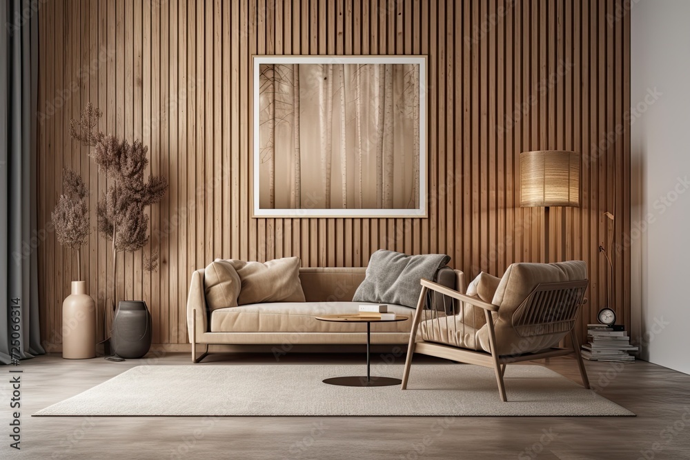 Unadorned hardwood wall in a contemporary living room. interior design ...