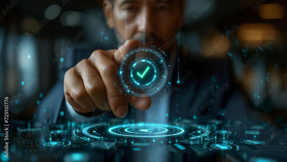 Green check mark for being selected, businessman touching on ...