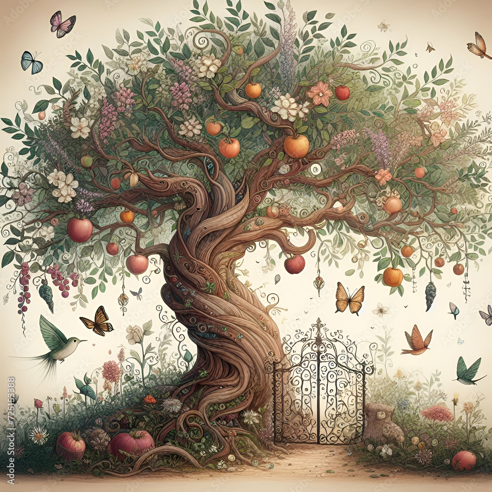Sacred Bible Healthy Tree of Life with Fruits, Flowers, and Birds and ...