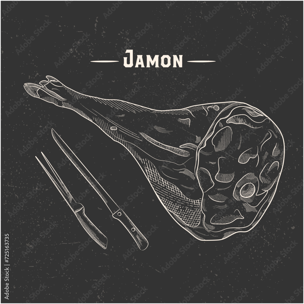 Image vectorielle Stock Spanish jamon top view frame. Spanish jamon set, knife and fork. Food ...