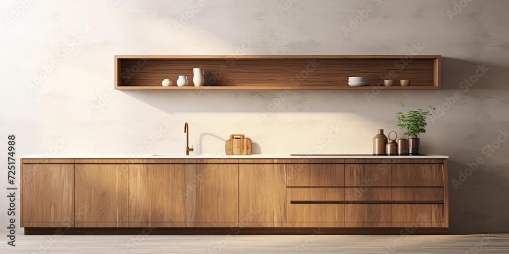 Luxurious a modern kitchen cabinet, showcasing an empty wooden counter ...