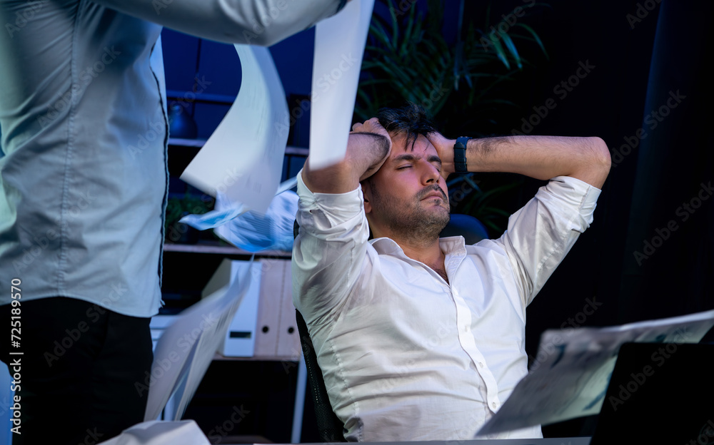 Unhappy colleagues with headache from paperwork overwork's deadline ...