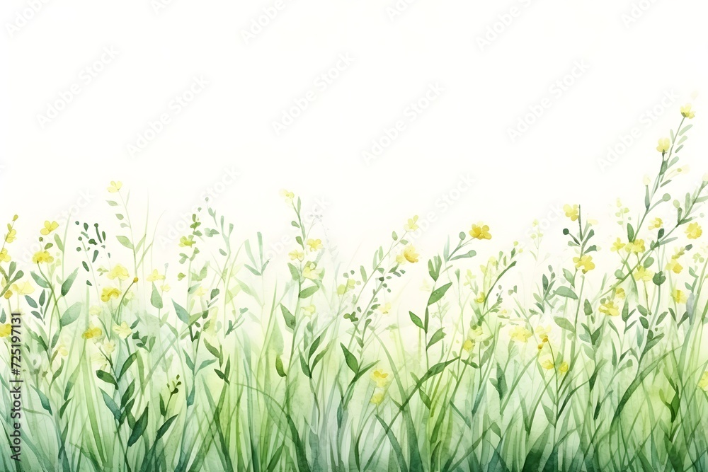Watercolor meadow border background with wildflowers and green grass ...