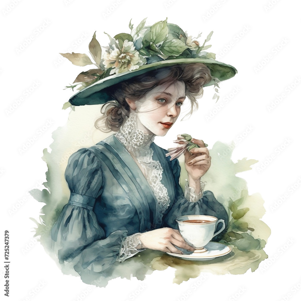 Classical woman drinking tea on transparent isolation, retro afternoon ...