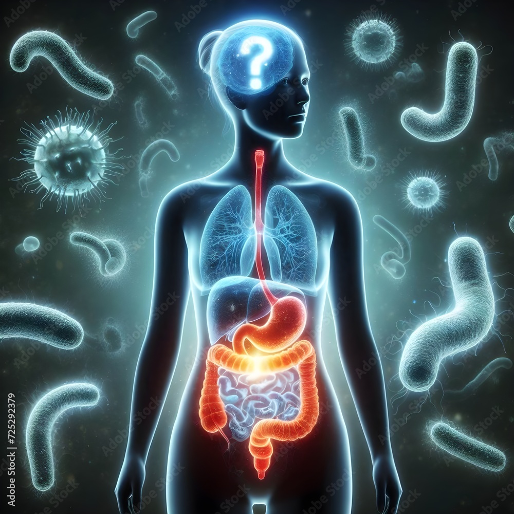 Human silhouette with glowing stomach brain connection and expanded ...