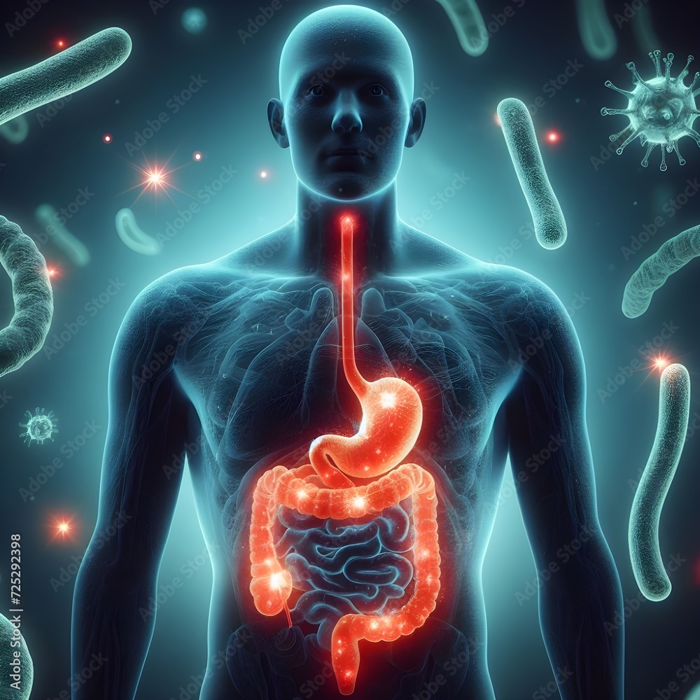 Human silhouette with glowing stomach brain connection and expanded ...