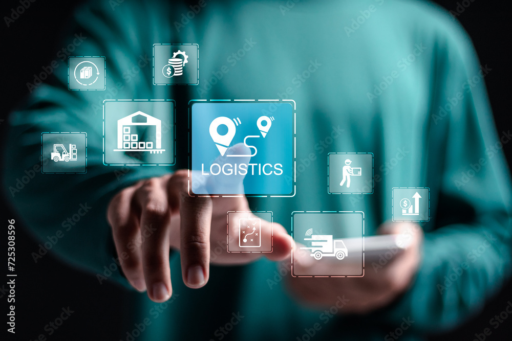 Logistic and transport concept. Person touch virtual product ...