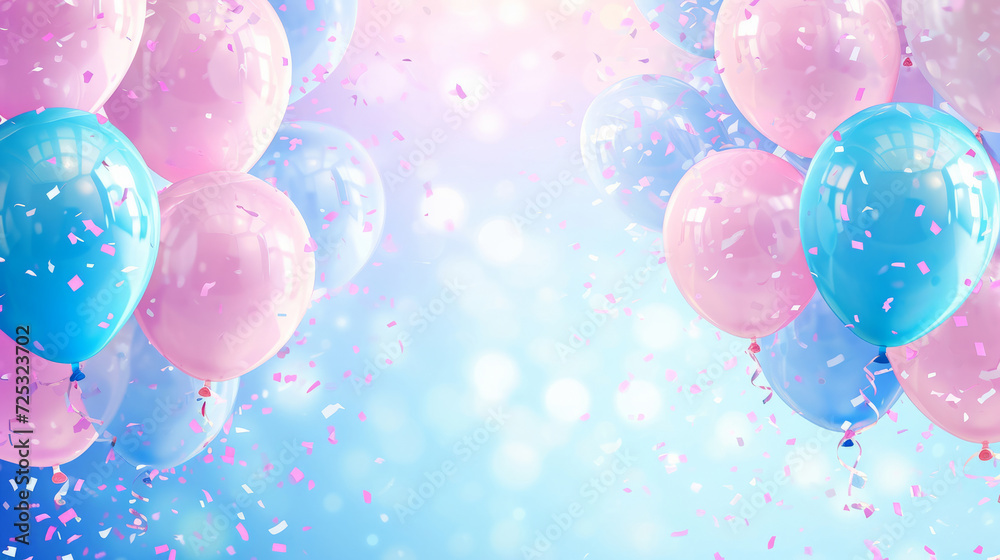 Pink and blue balloons and confetti background with copy space for ...
