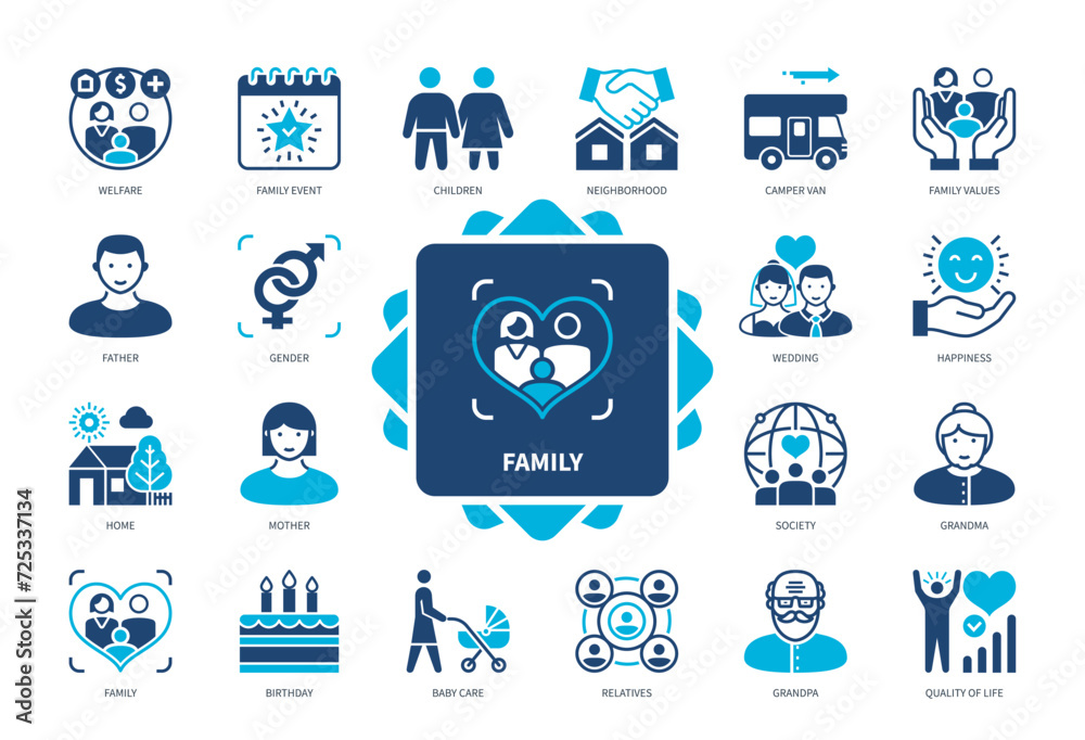 Family icon set. Welfare, Wedding, Society, Children, Home, Birthday ...