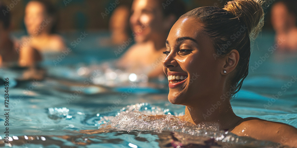 A joyous woman basking in the refreshing waters of a swimming pool at a ...