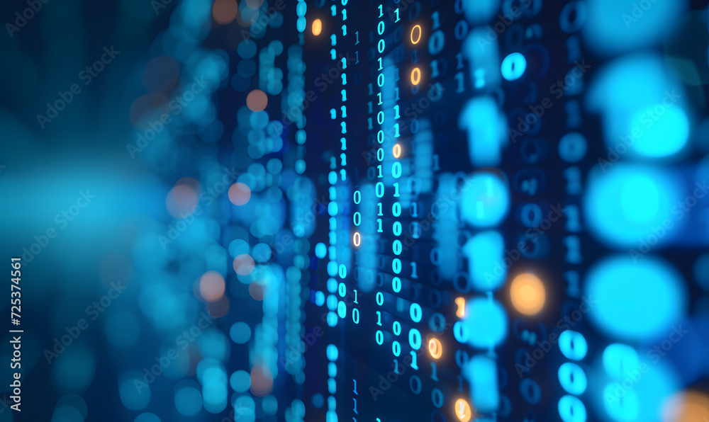 Binary data over a blue background with blurry pixels, featuring a bokeh effect. The ...