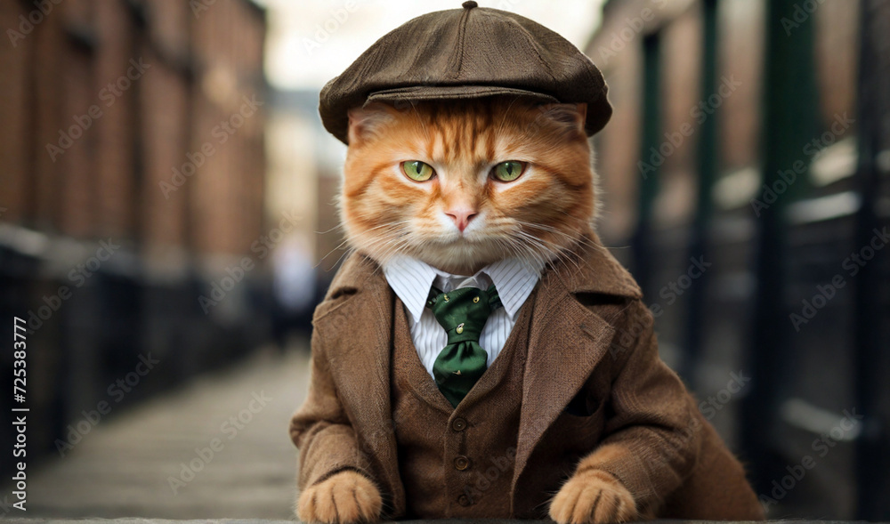 Very high definited, Cute orange cat with green eyes, dressed like ...