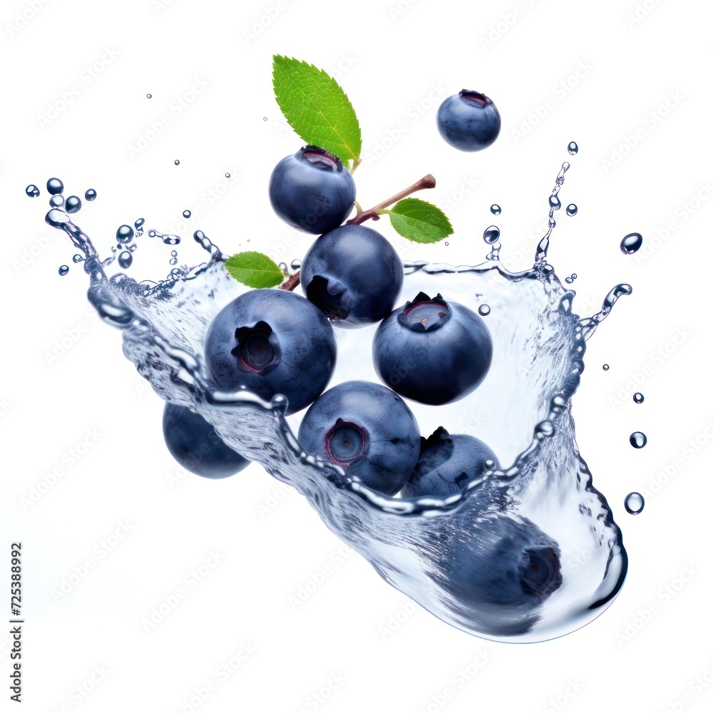 Blueberry in splash and swirl, minimal isolated on white background ...