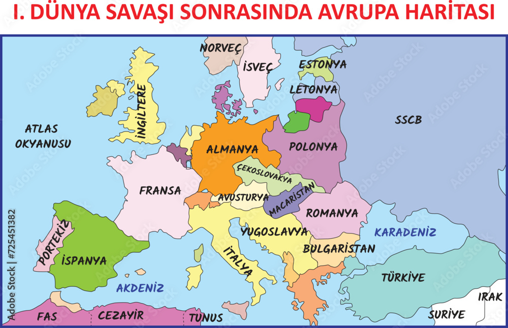 Map of Europe after World War I. Translate: Atlantic Ocean, England ...