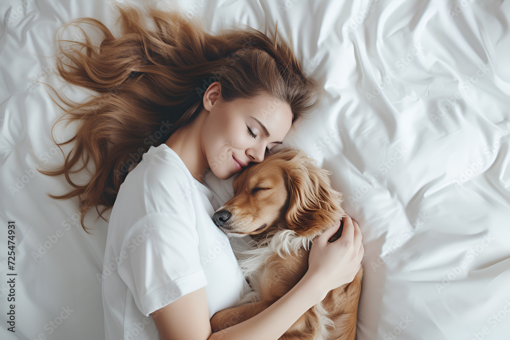 Girl and dog sleeping together comfortably and cuddled in bed in the ...