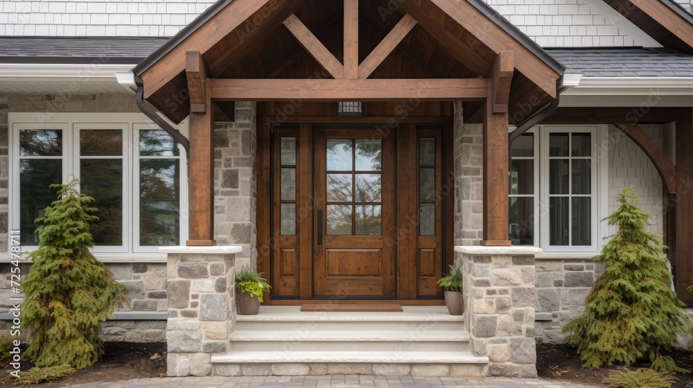 Main entrance door in house. Wooden front door with gabled porch and ...
