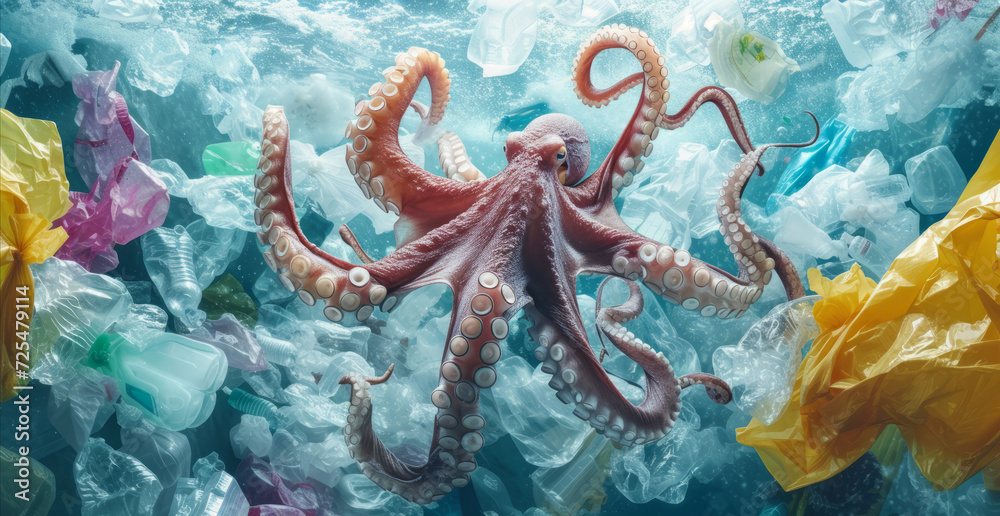 Ocean, sea and octopus swimming underwater in dirty water for awareness ...