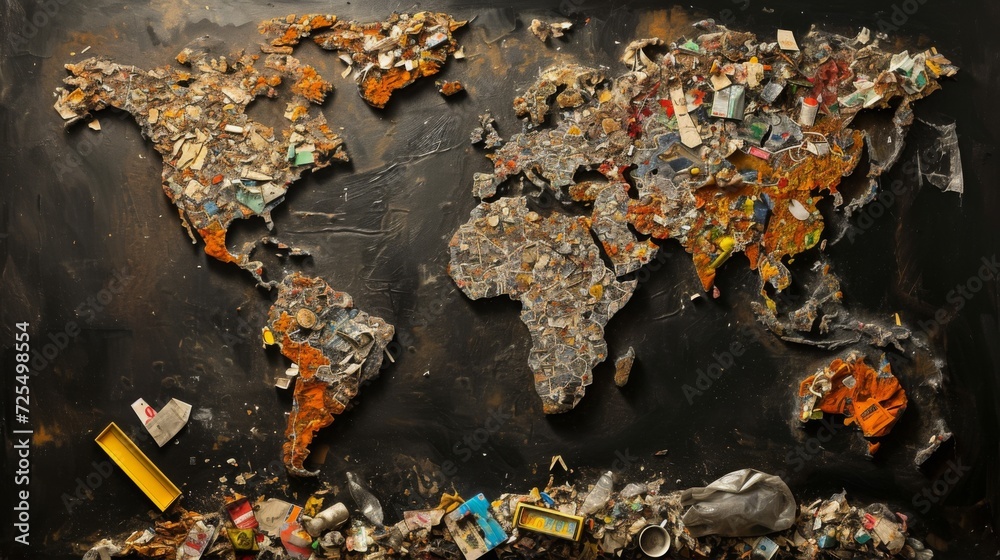 World map made of garbage and trash. All continents of the polluted ...