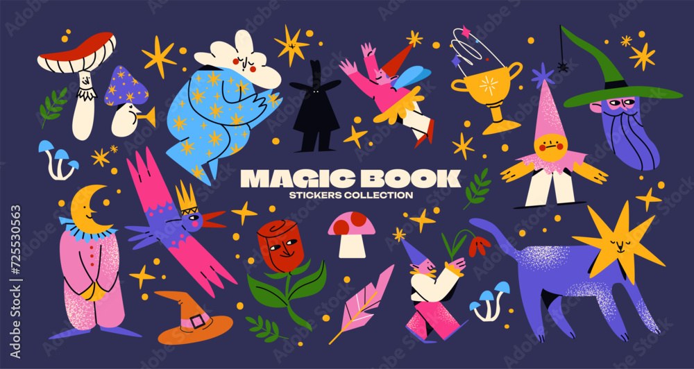 Cartoon set of stickers mystical characters, sorcerers, spirits, of ...