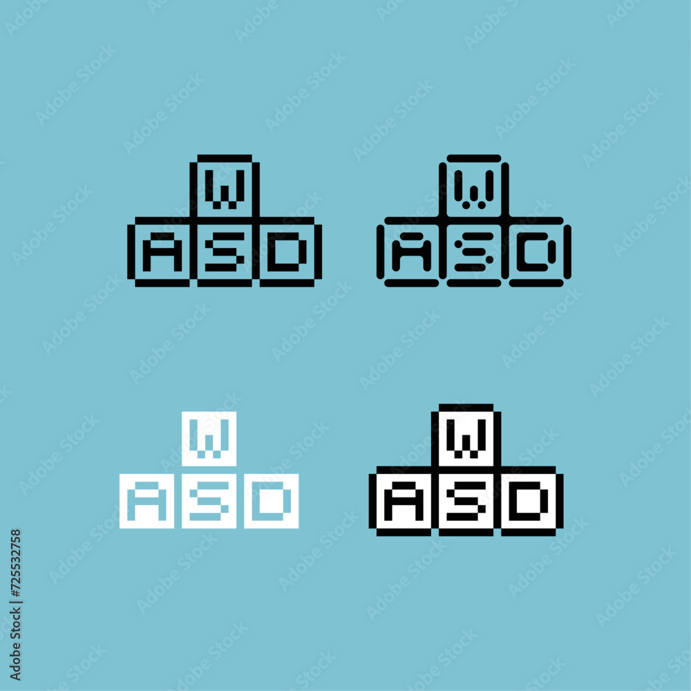 Pixel art outline sets icon of wasd keyboard variation color. Main key icon on pixelated style ...