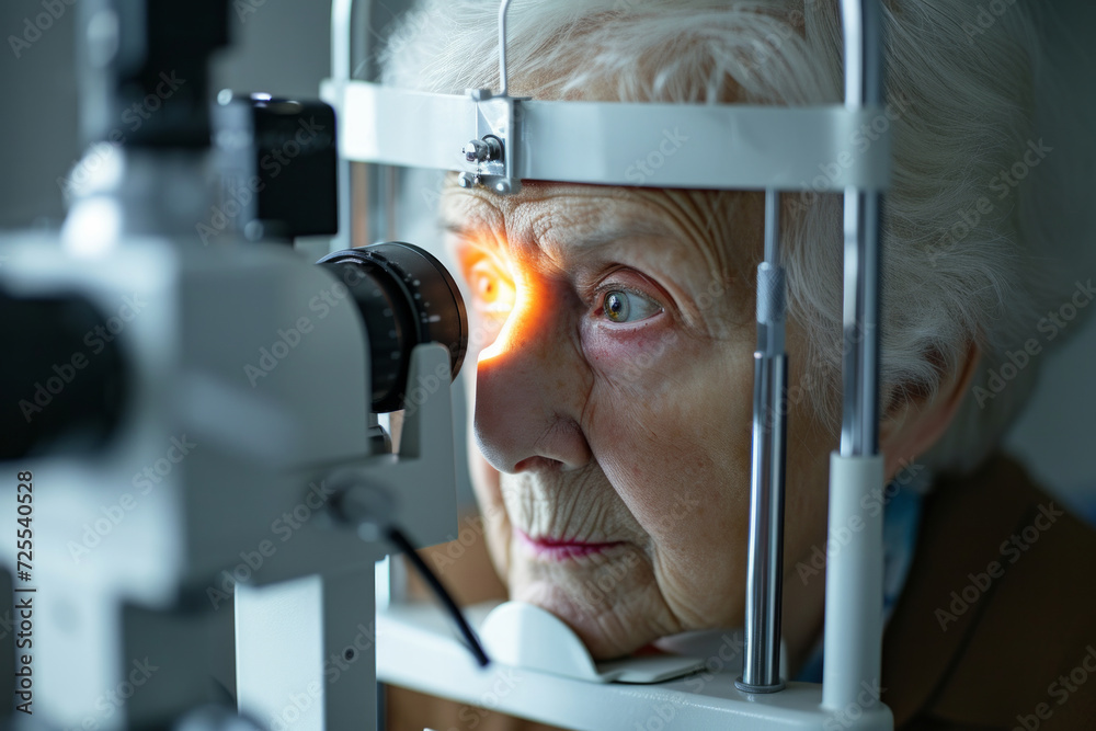 Woman oculist examining old woman sight with ophthalmic tool in modern ...