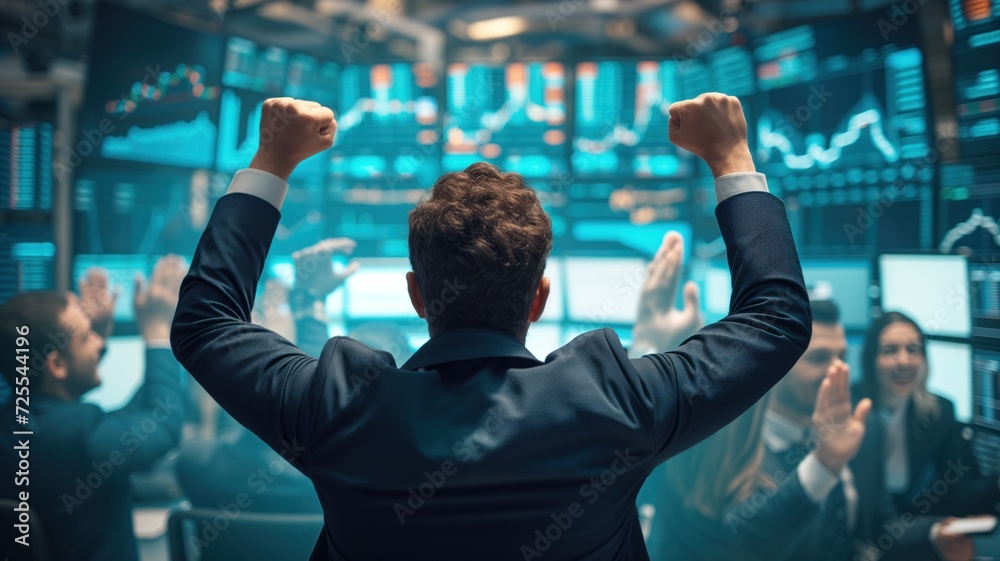man in a suit with his arms raised in a victory gesture in a control ...